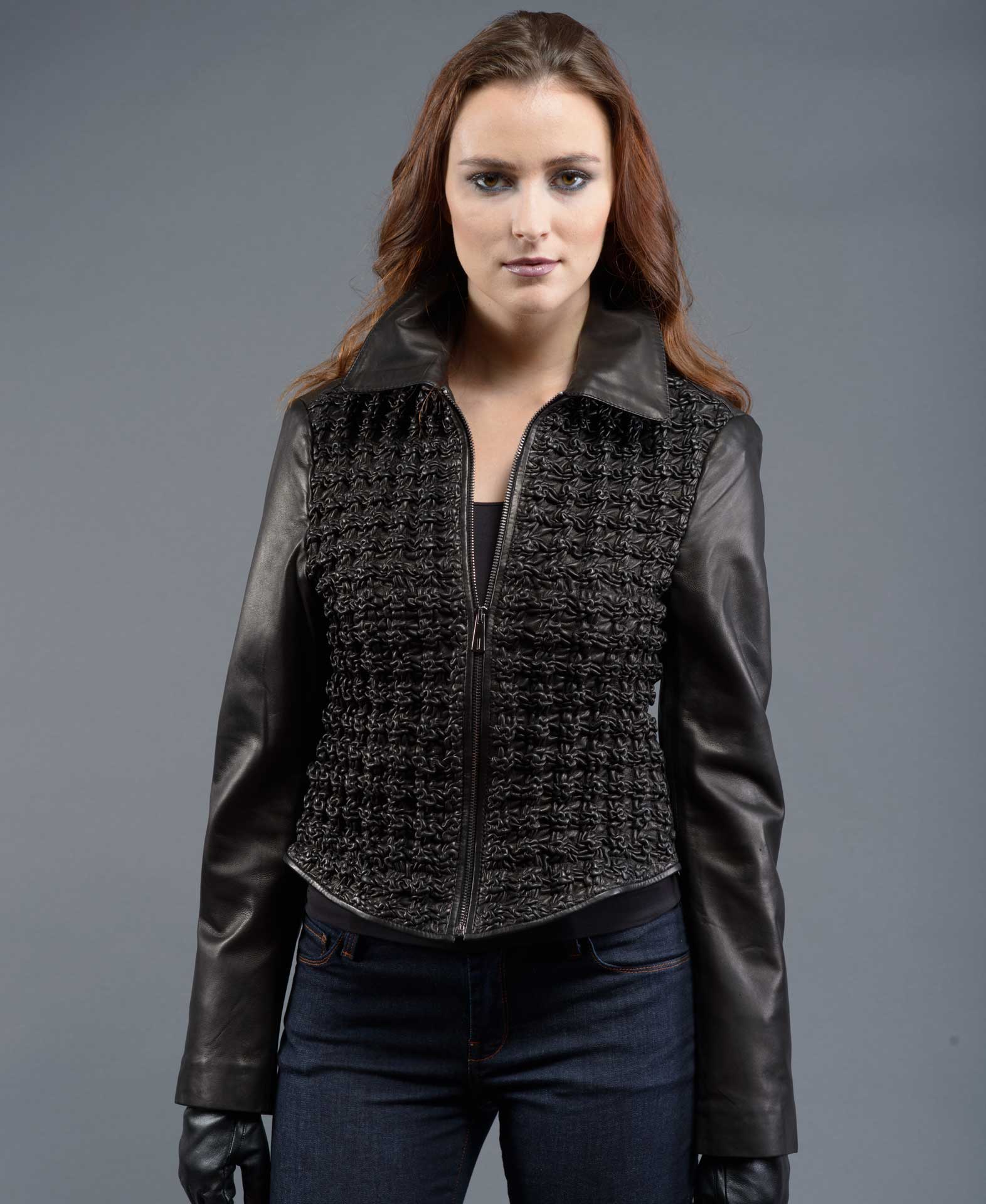Black Leather Gathered Front Jacket - Alaskan Fur