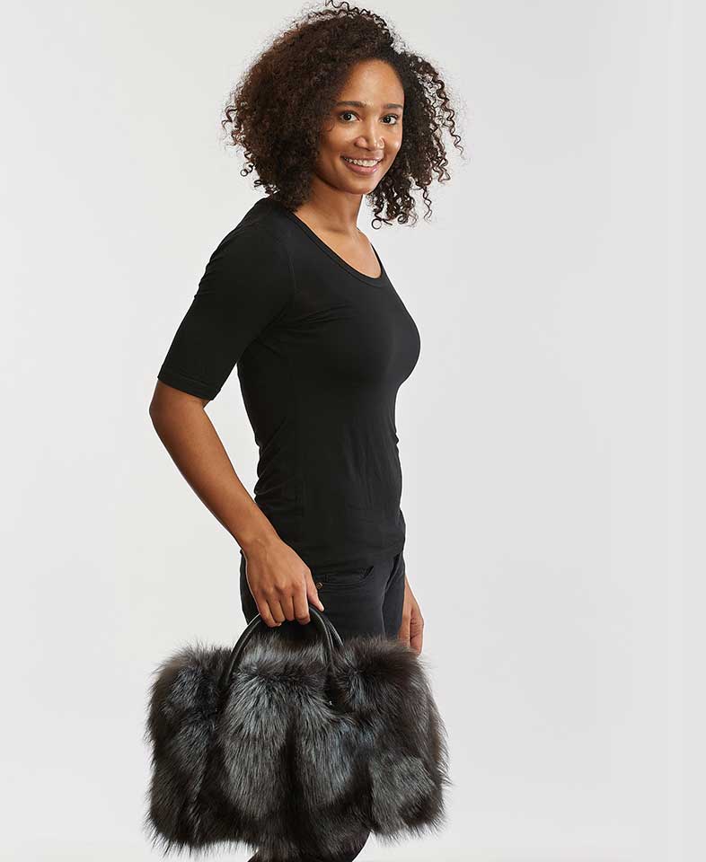 Fox Handbag with Leather Handles (Natural Silver) - Alaskan Fur
