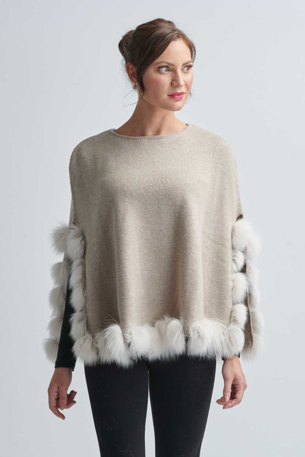 BEIGE-WOOL-KNIT-CAPELET-WDYED-FOX-TRIM-SIZE-OS - Alaskan Fur
